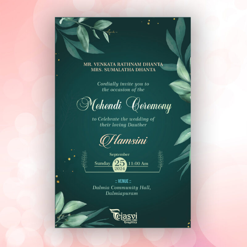 Mehendi Ceremony Invitation Card MEHE2024003 – Tejasvi Graphics
